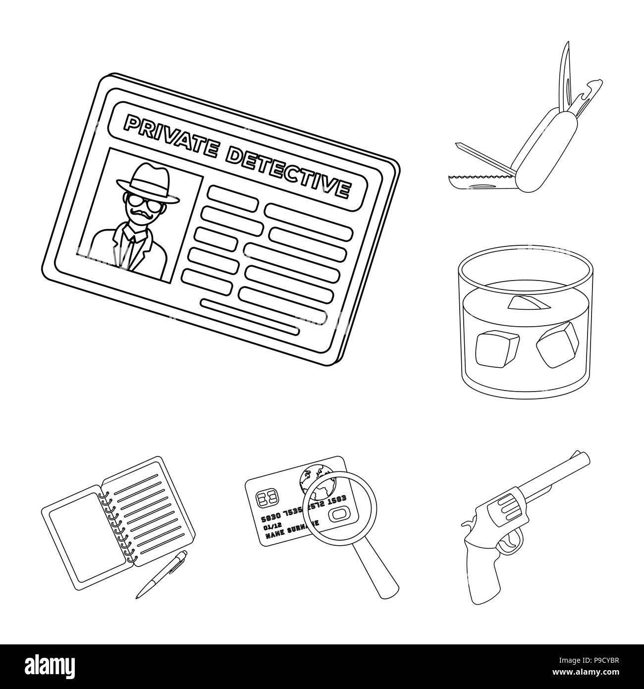 Detective and Attributes outline icons in set collection for design ...