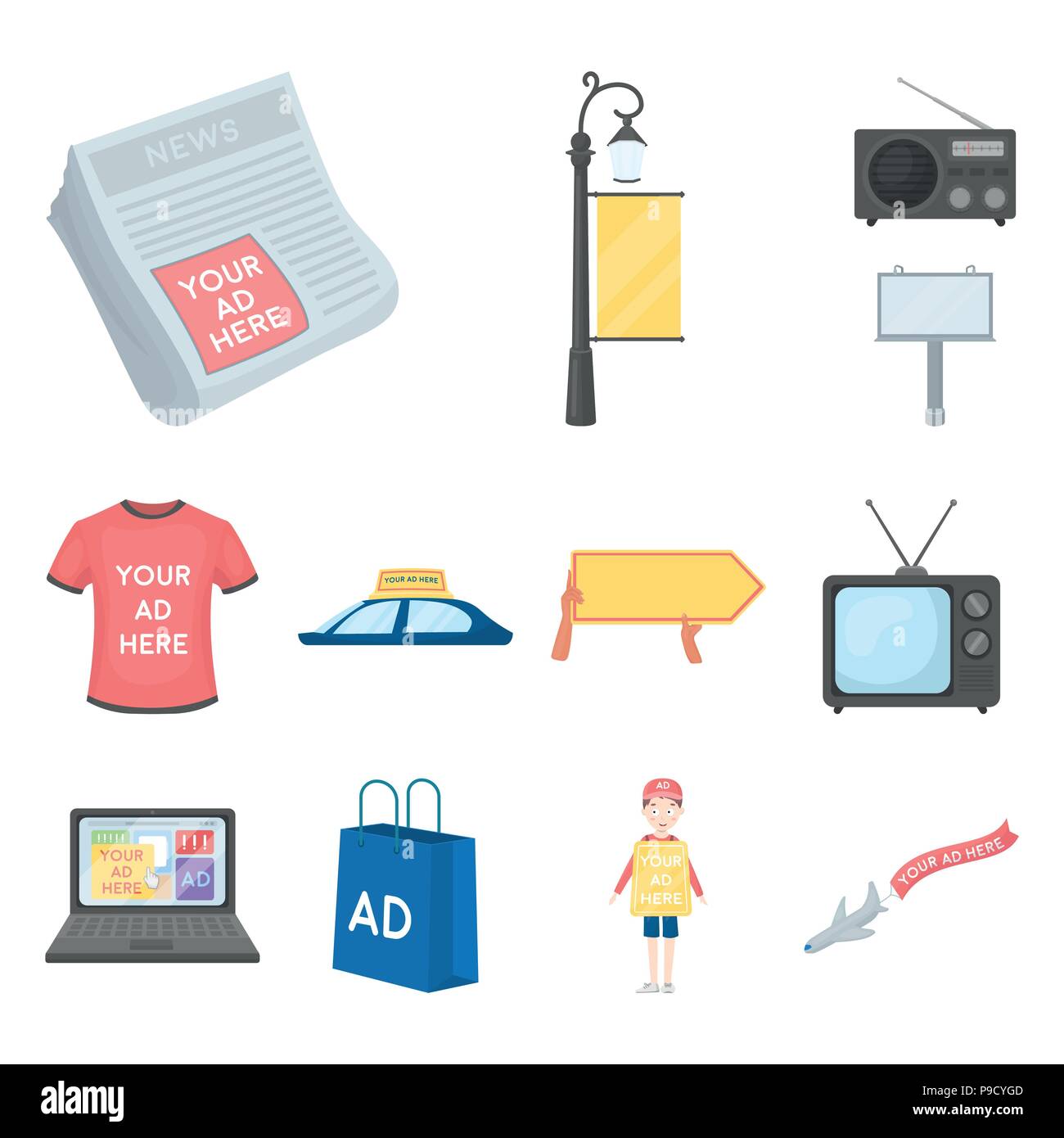 Production of advertising cartoon icons in set collection for design ...