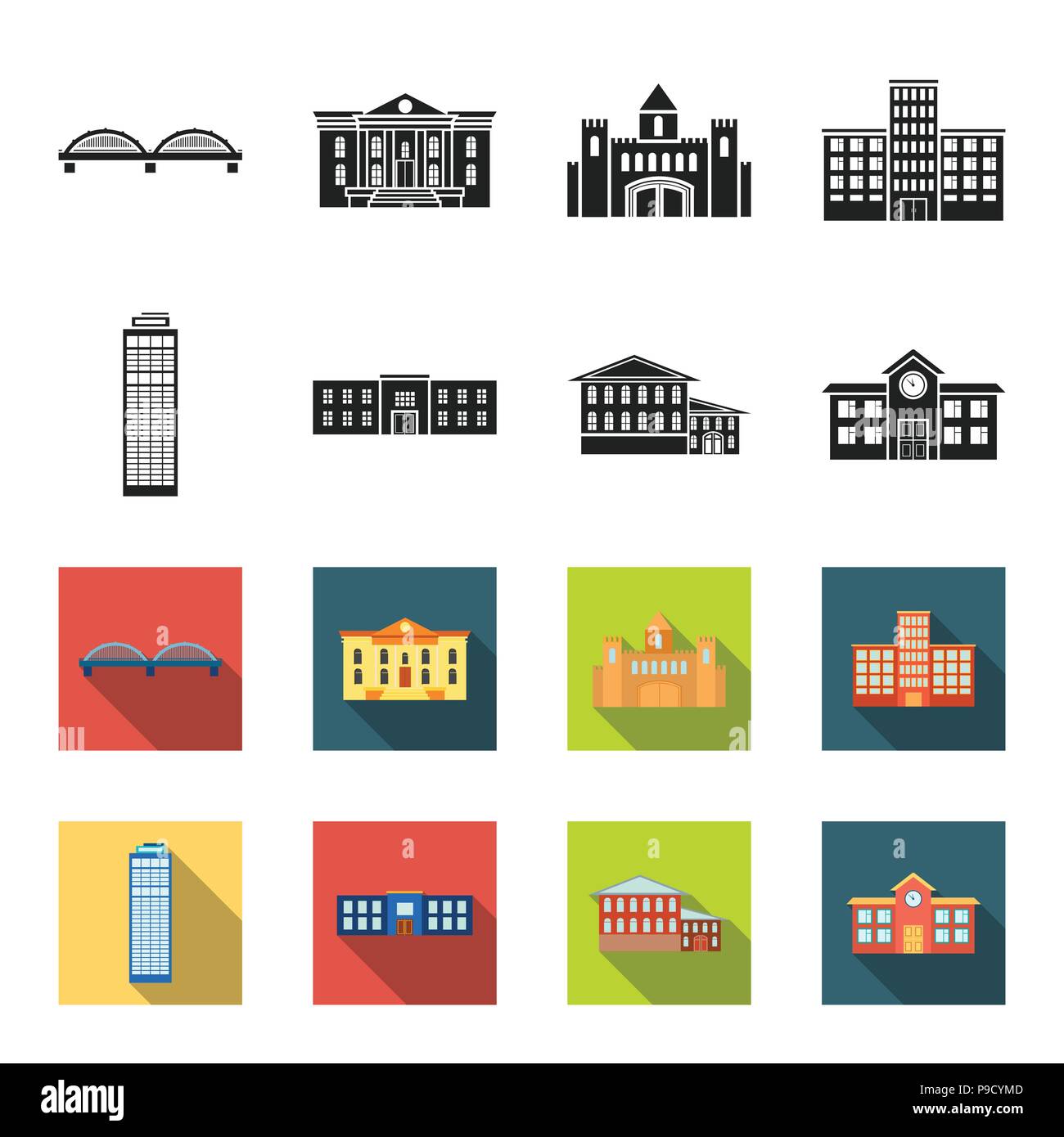 Skyscraper, police, hotel, school.Building set collection icons in ...
