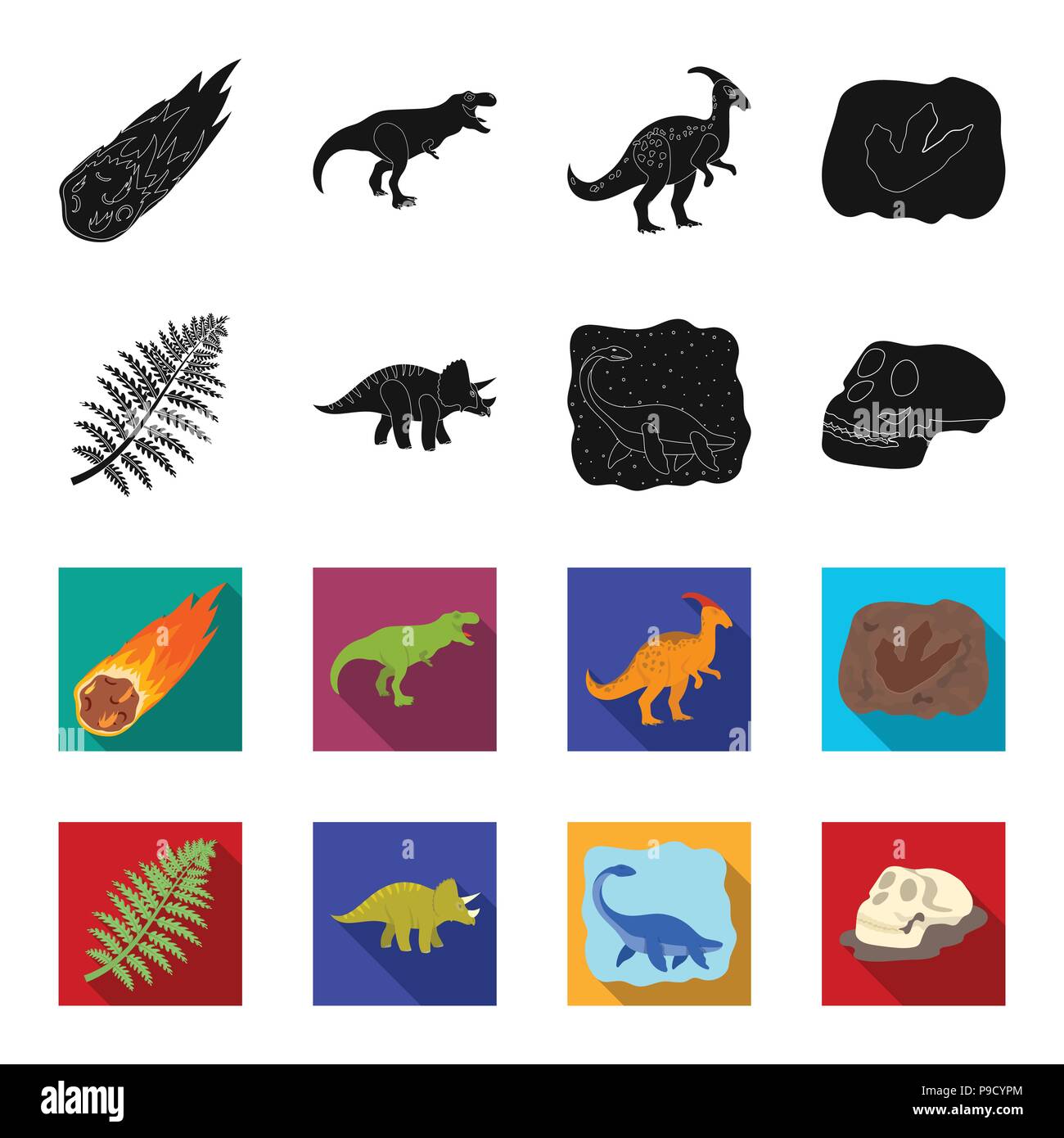 Sea dinosaur,triceratops, prehistoric plant, human skull. Dinosaur and ...