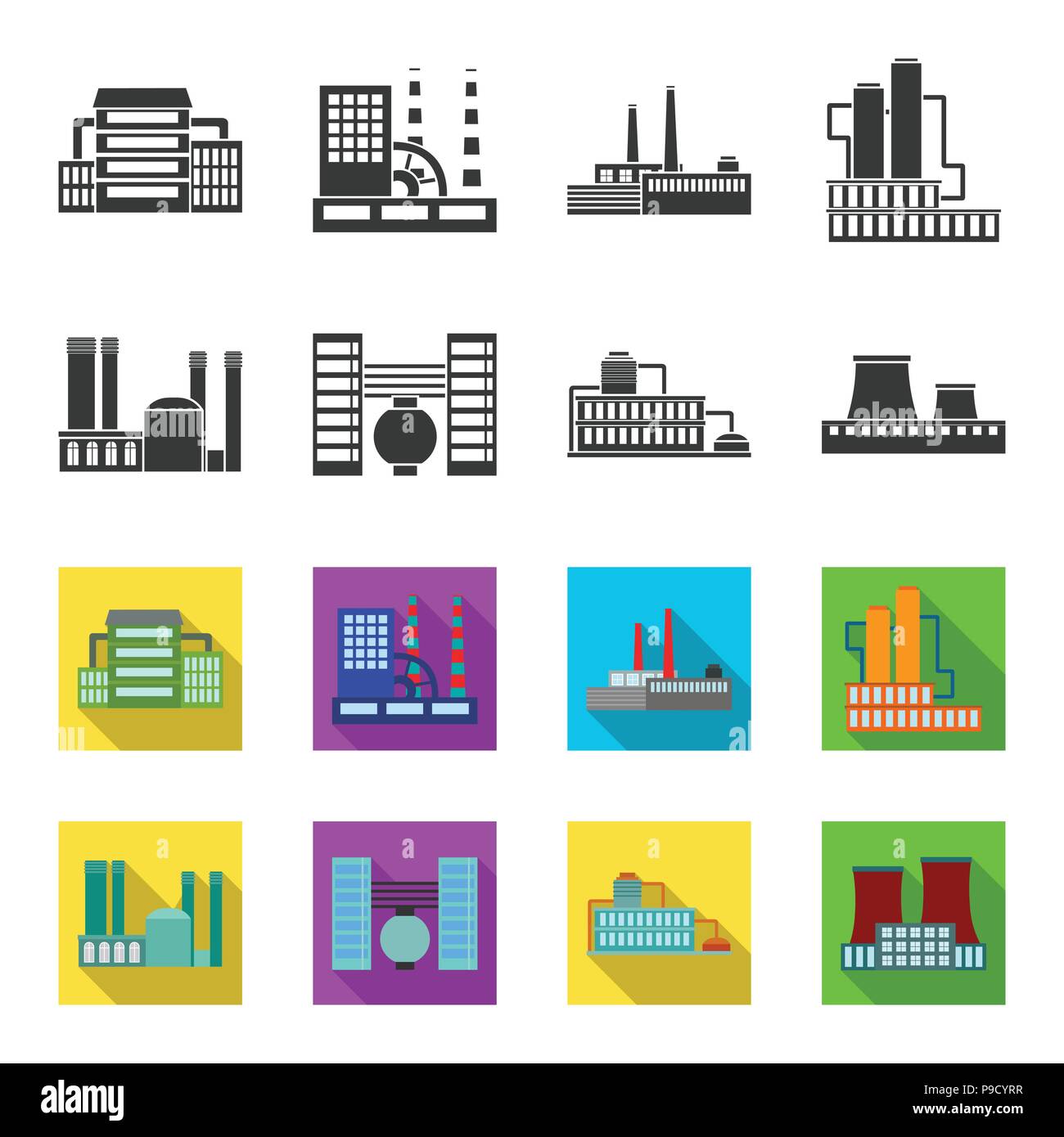Industry, production.Factory set collection icons in black,flet style ...