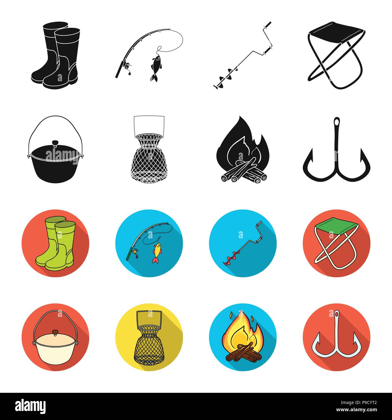 Catch, hook, mesh, caster .Fishing set collection icons in black,flet ...