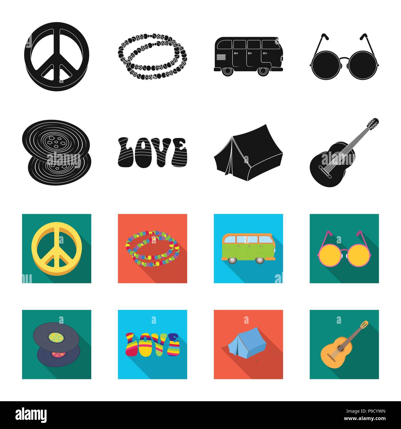 Vinyl discs, guitar, tent.Hippy set collection icons in black,flet ...