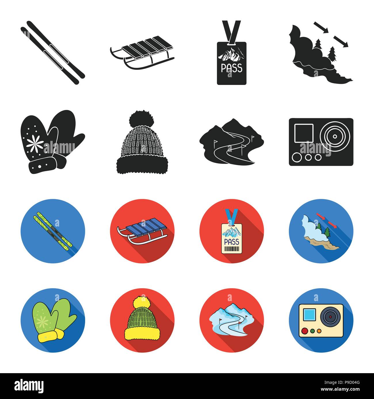 Mittens, warm hat, ski piste, motion camera. Ski resort set collection ...