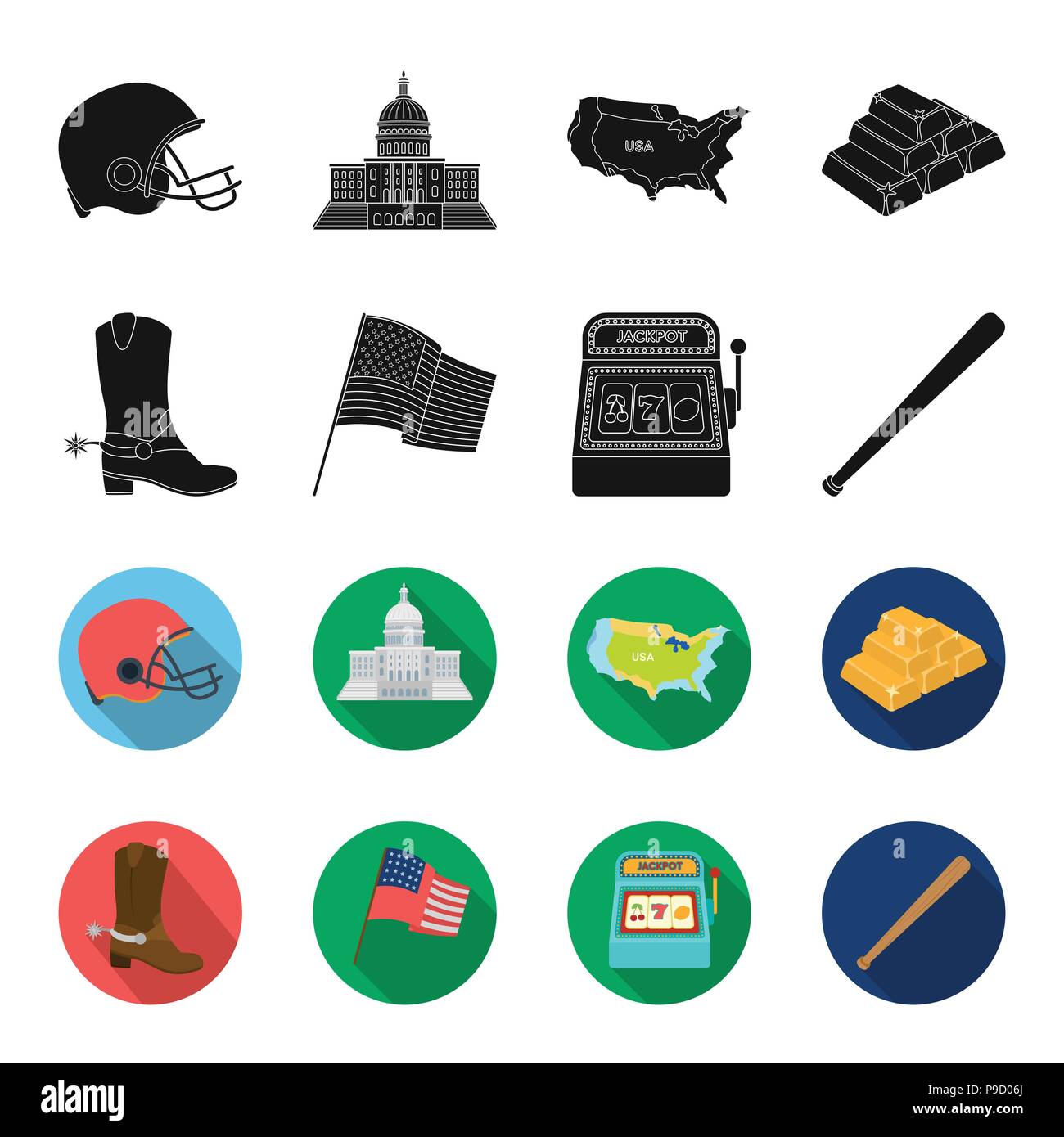 Cowboy boots, national flag, slot machine, baseball bat. USA country ...