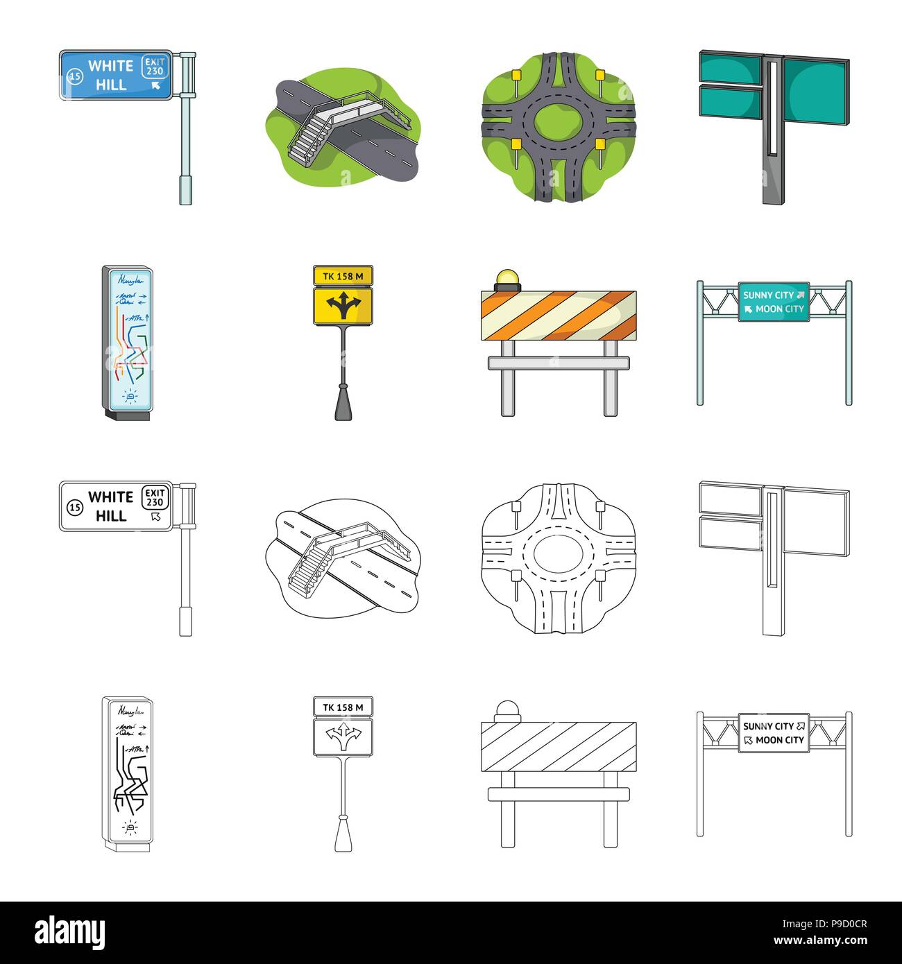 Stands and signs and other icon in cartoon,outline style.Limiters of ...
