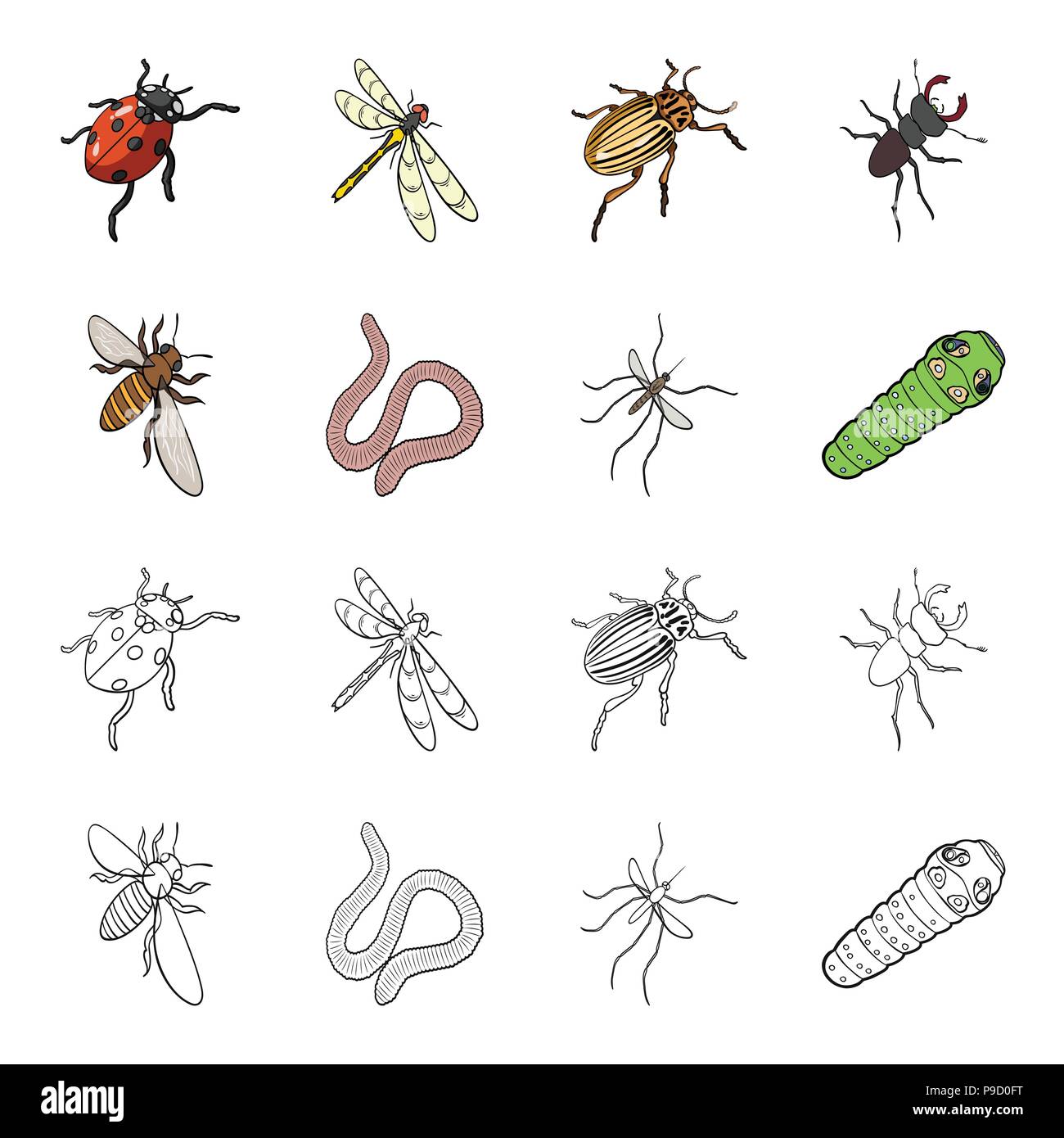 Arthropods insect mosquito, bee.Earth worm, caterpillar,vermicular set ...