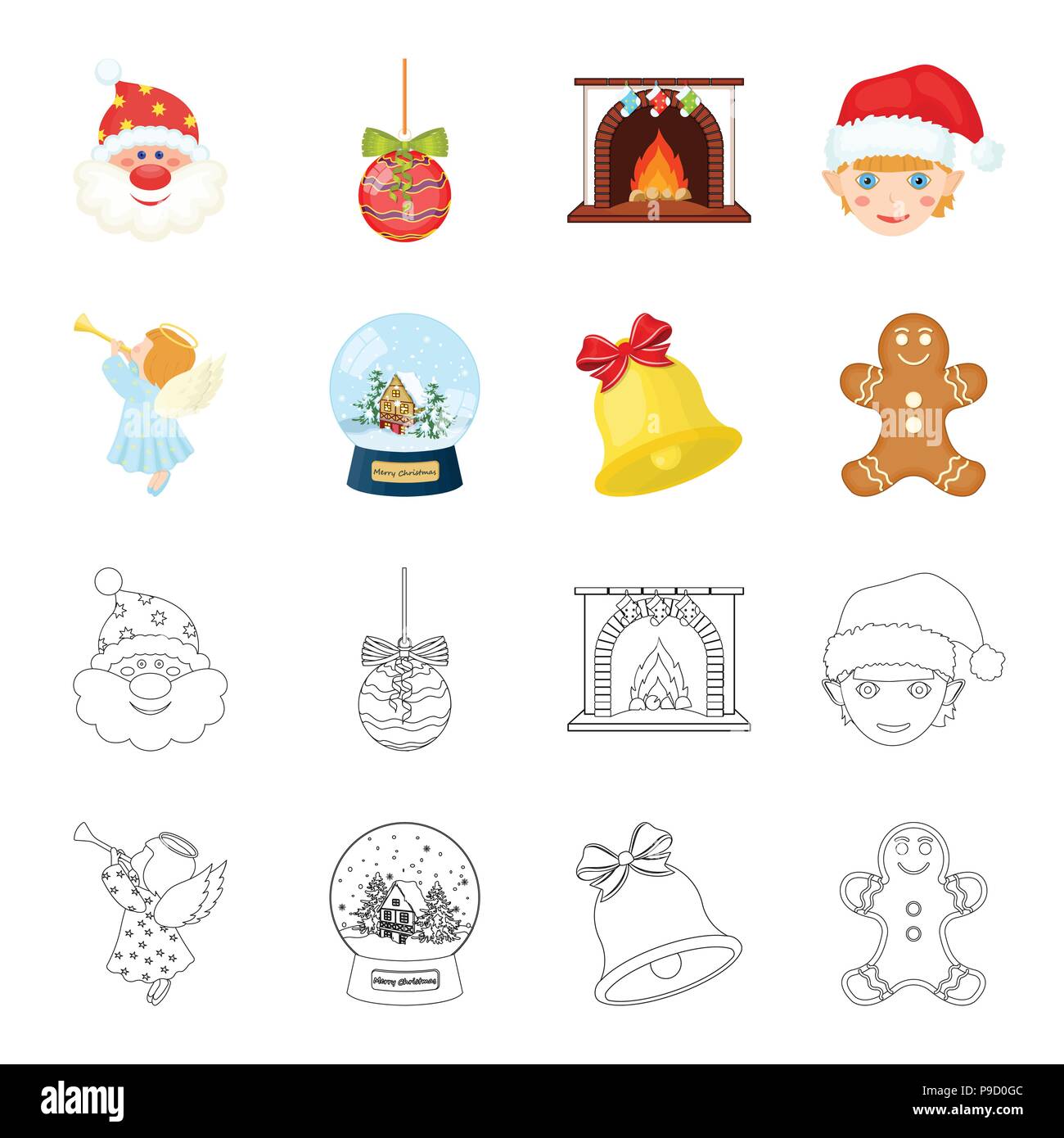 Angel, glass bowl, gingerbread and bell cartoon,outline icons in set ...