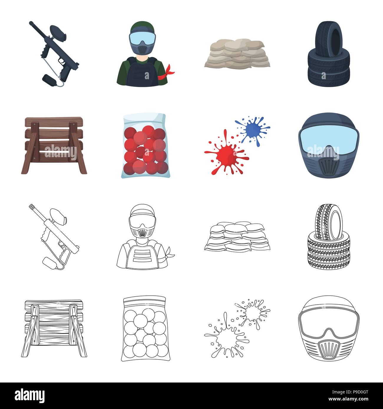 Wooden barricade, protective mask and other accessories. Paintball ...