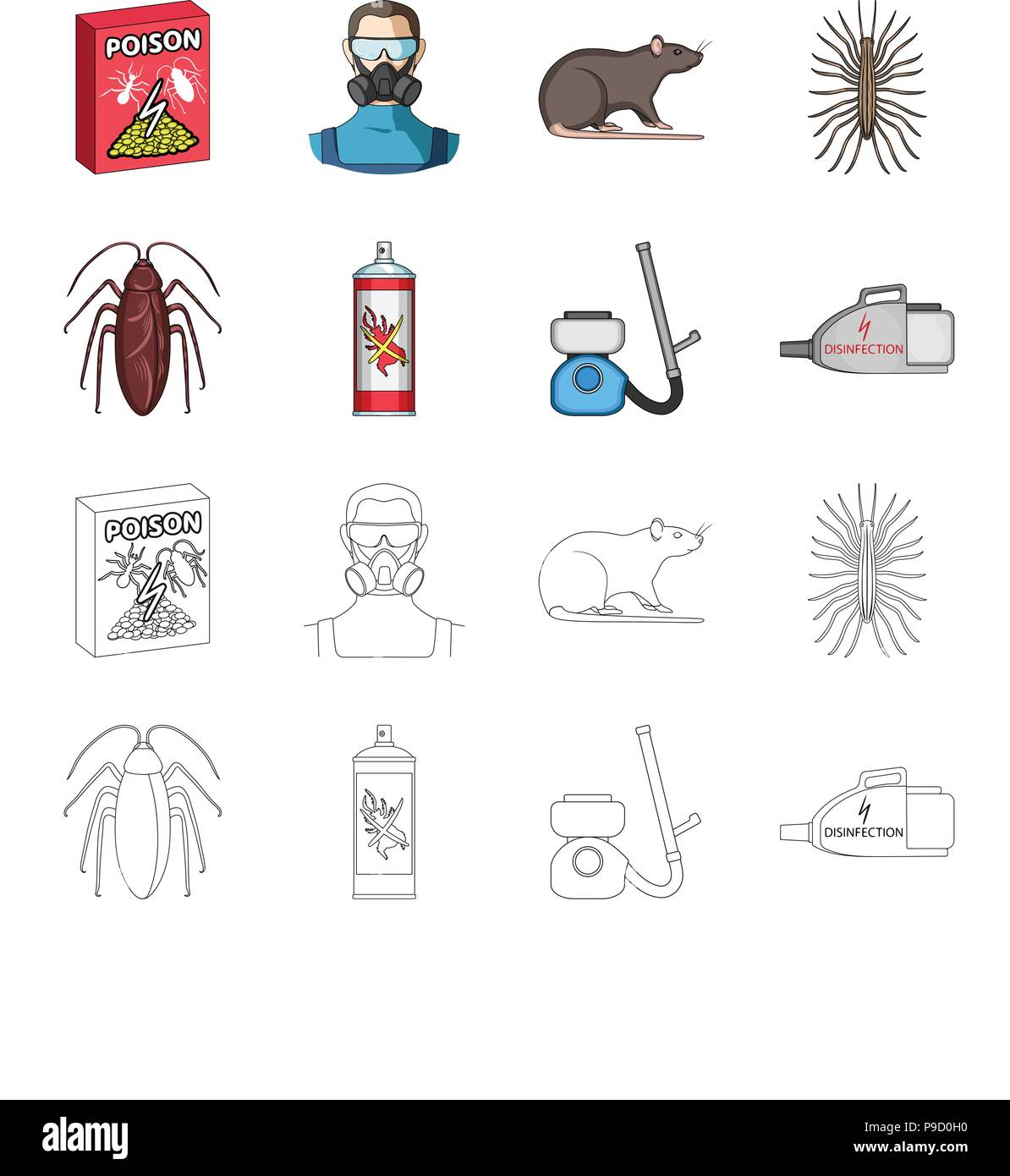 Cockroach and equipment for disinfection cartoon,outline icons in set ...