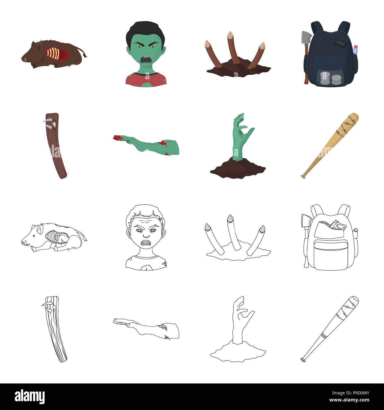 Zombies and Attributes cartoon,outline icons in set collection for ...