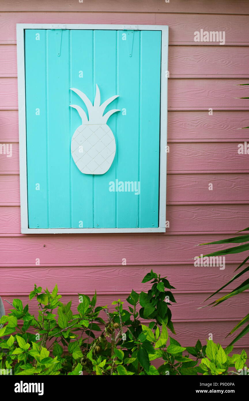 Bright colorful turquoise pineapple design on pink wooden building in ...