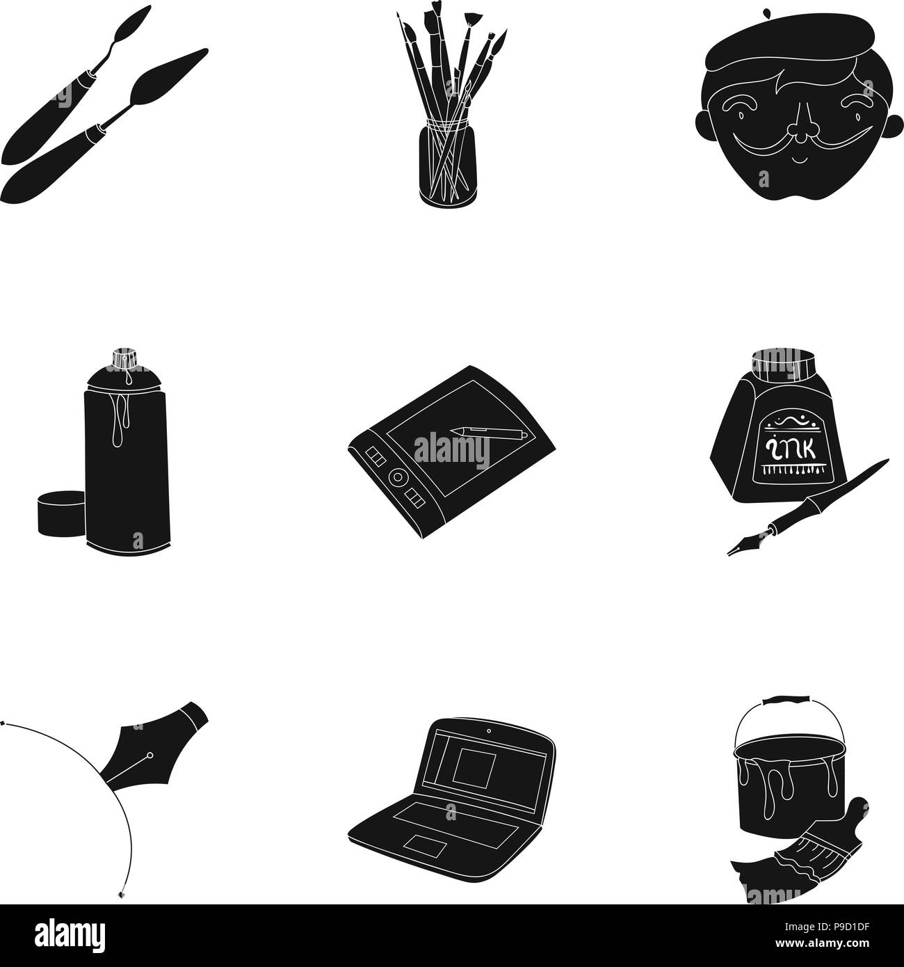 Artist and drawing set icons in black design. Big collection of artist ...