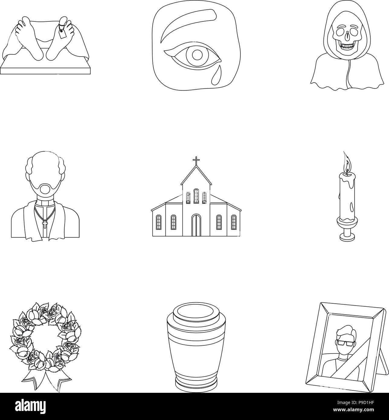 Funeral ceremony, cemetery, coffins, priest.Funeral ceremony icon in ...