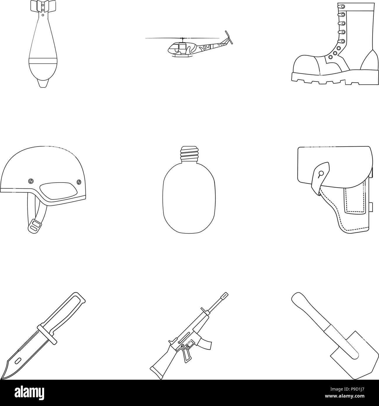 Military and army set icons in outline design. Big collection of ...