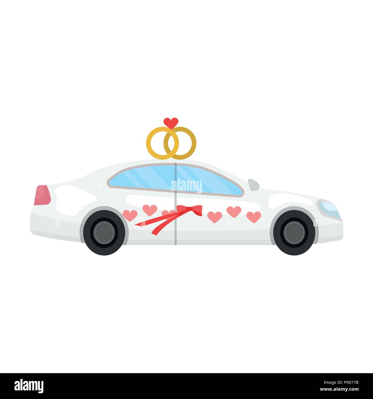 White wedding car with rings. Auto for the bride and groom.Wedding ...