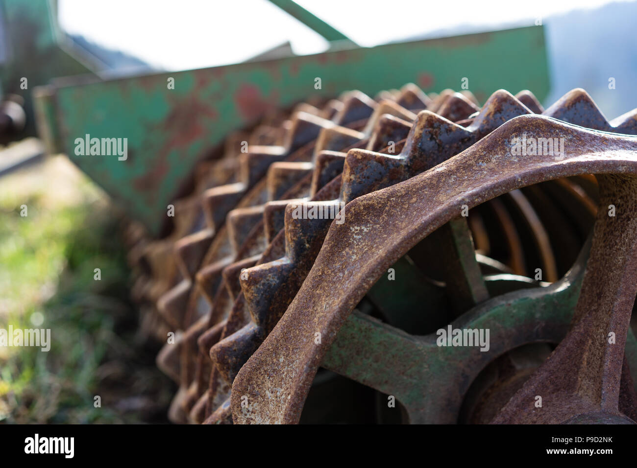 old rusty farming roller agricultural tool for soil close up Stock ...