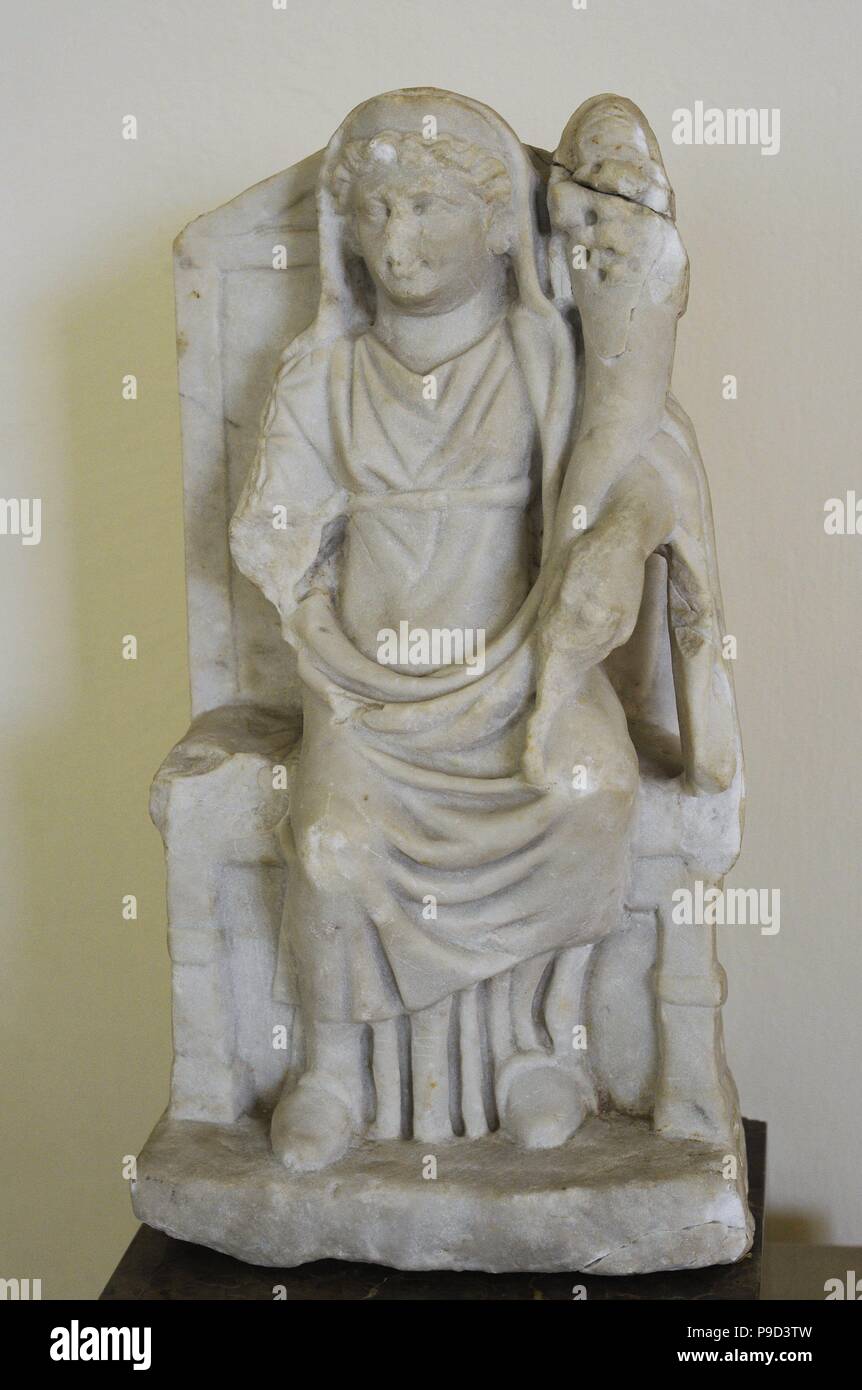 Goddess Ceres or Fortuna enthroned with robe, mantle and cornucopia ...