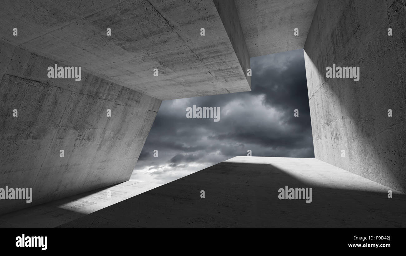 Empty dark concrete interior with stormy dramatic sky behind the window ...