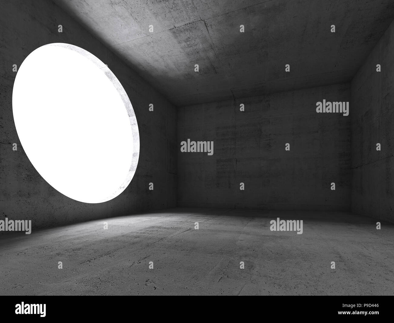 Abstract dark concrete interior, empty room with round window. 3d ...