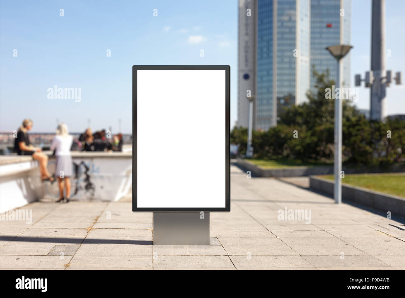 Blank advertising stand on city square. 3d render Stock Photo - Alamy