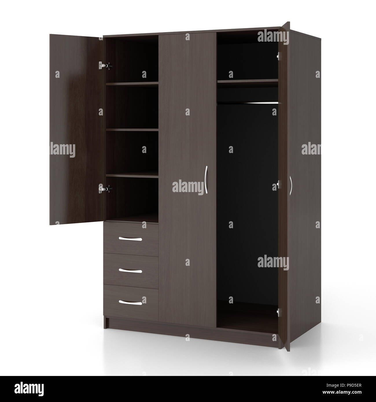 Empty dark brown wardrobe with open doors isolated on white background ...