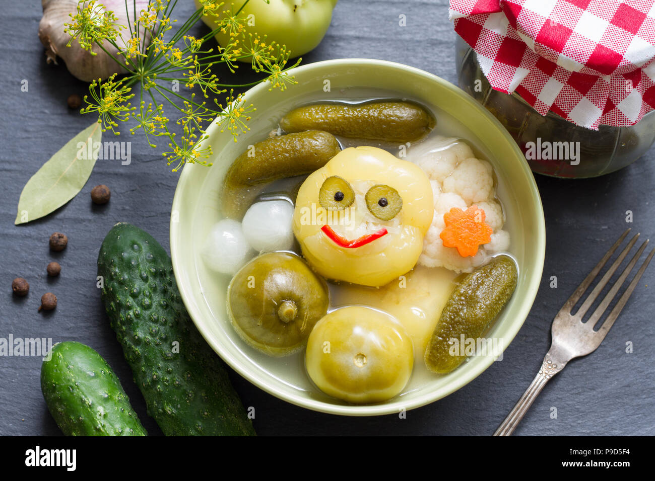 Mix of pickled vegetables on table happy fun food concept Stock Photo ...