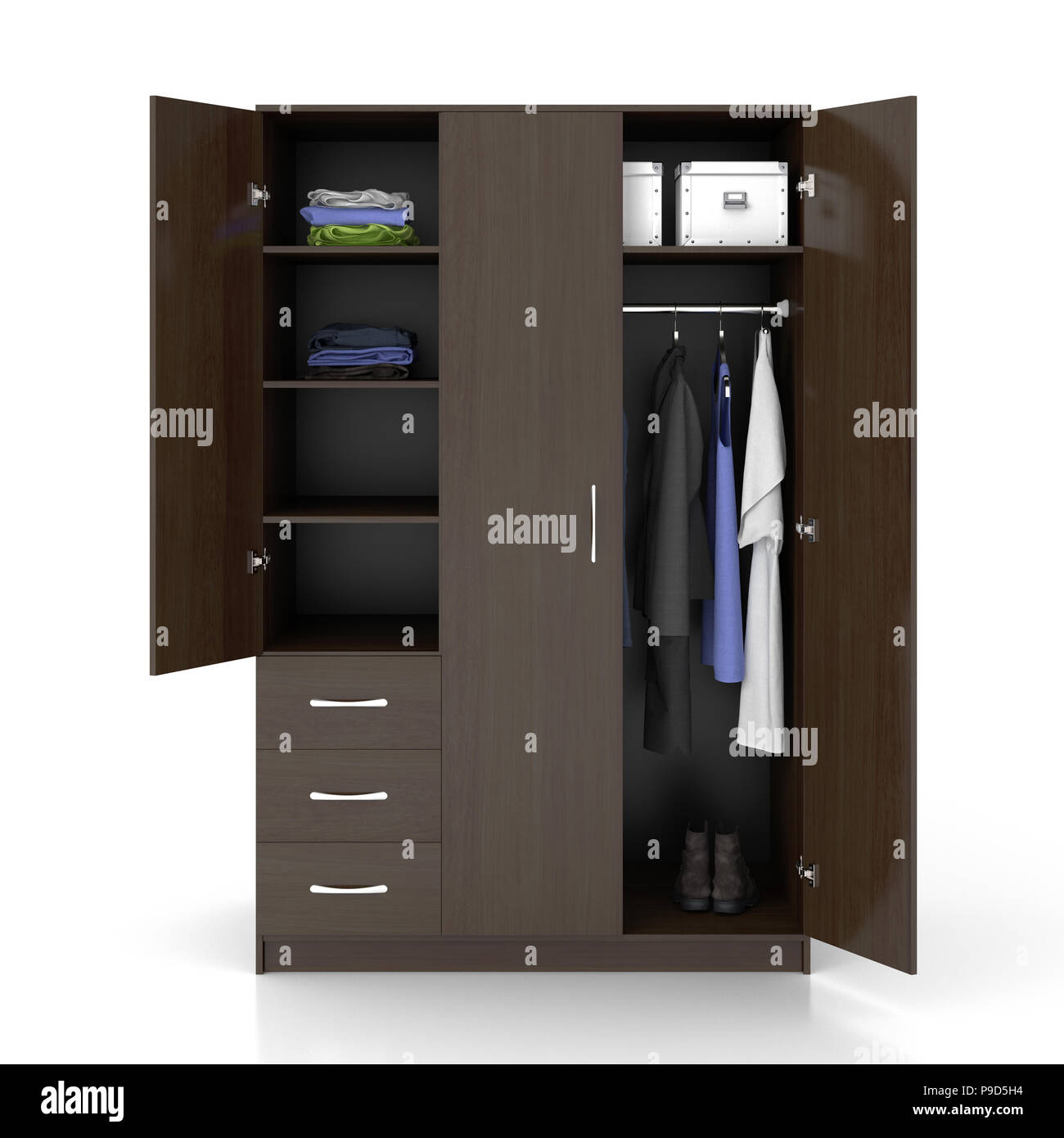 Dark brown wardrobe with open doors isolated on white background ...