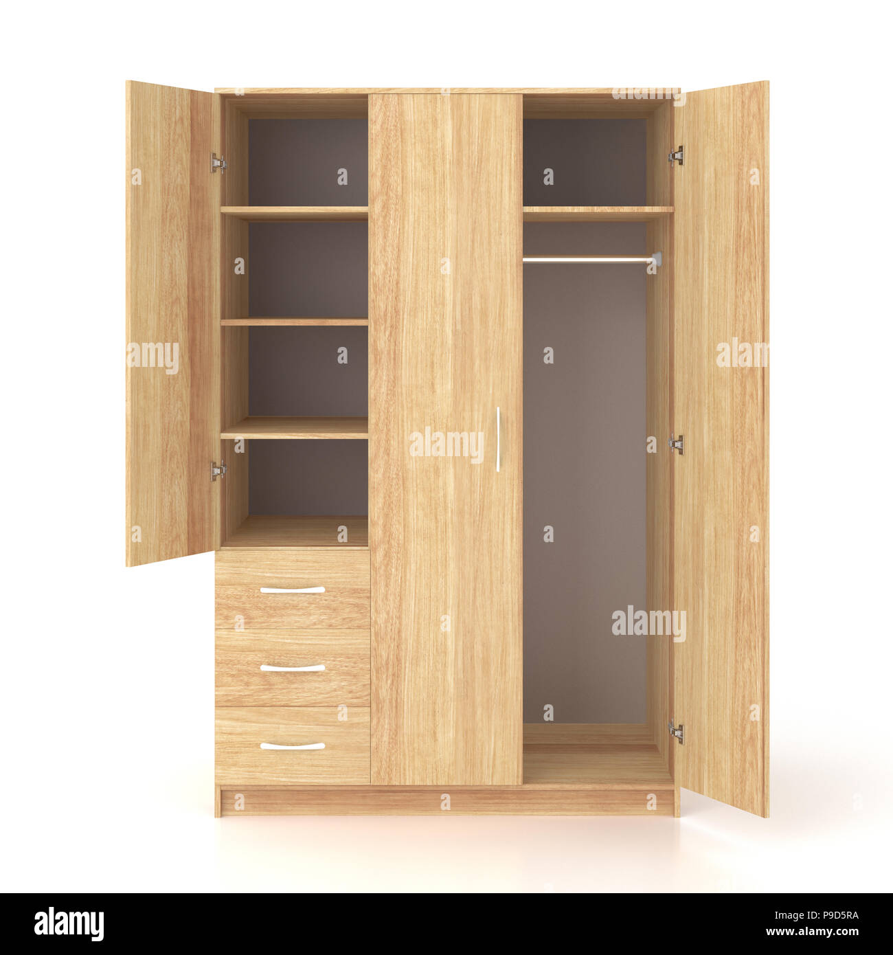 Empty wooden wardrobe with open doors isolated on white background ...