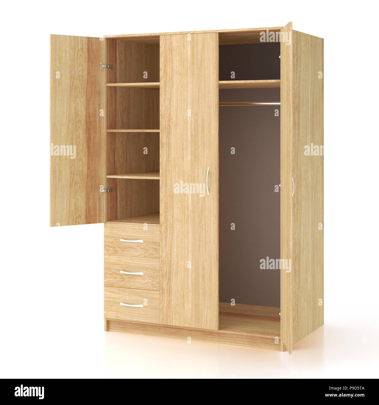 Empty wooden wardrobe with open doors isolated on white background ...