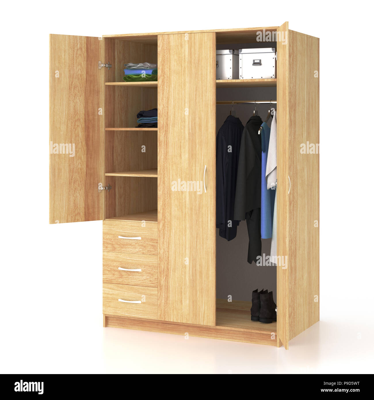 Wooden wardrobe with open doors isolated on white background. Include ...