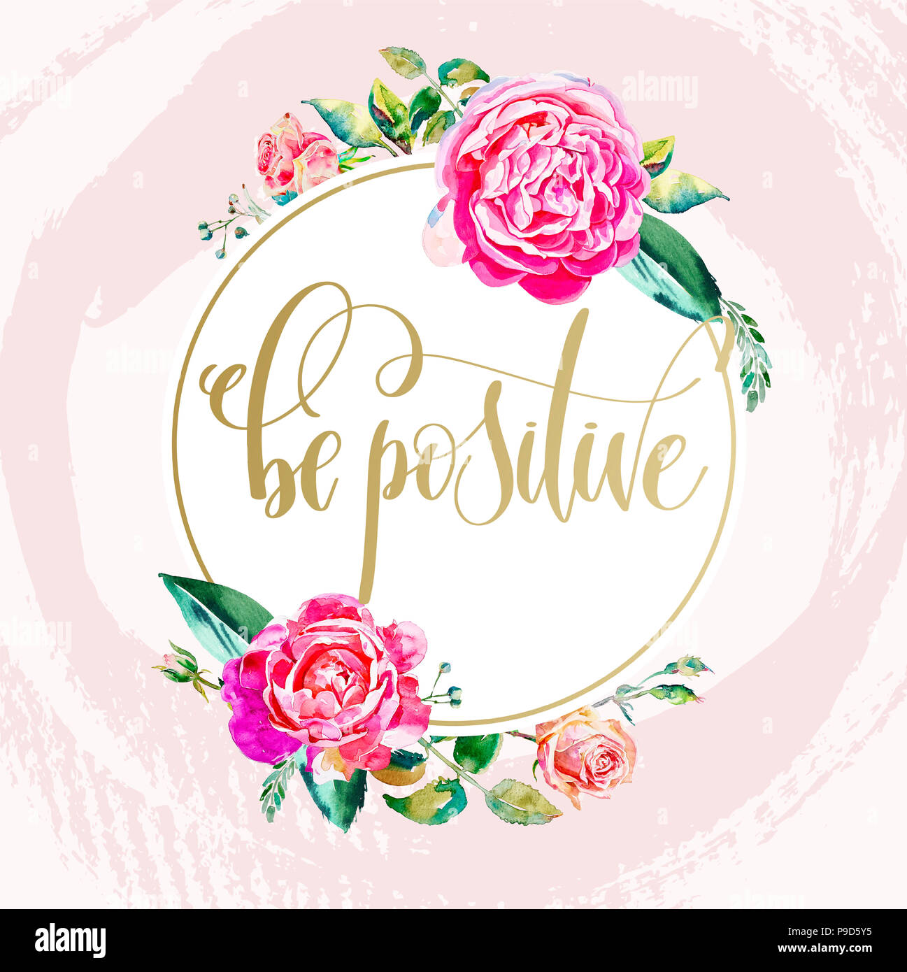 be positive - golden hand lettering text on pink brush stroke ...