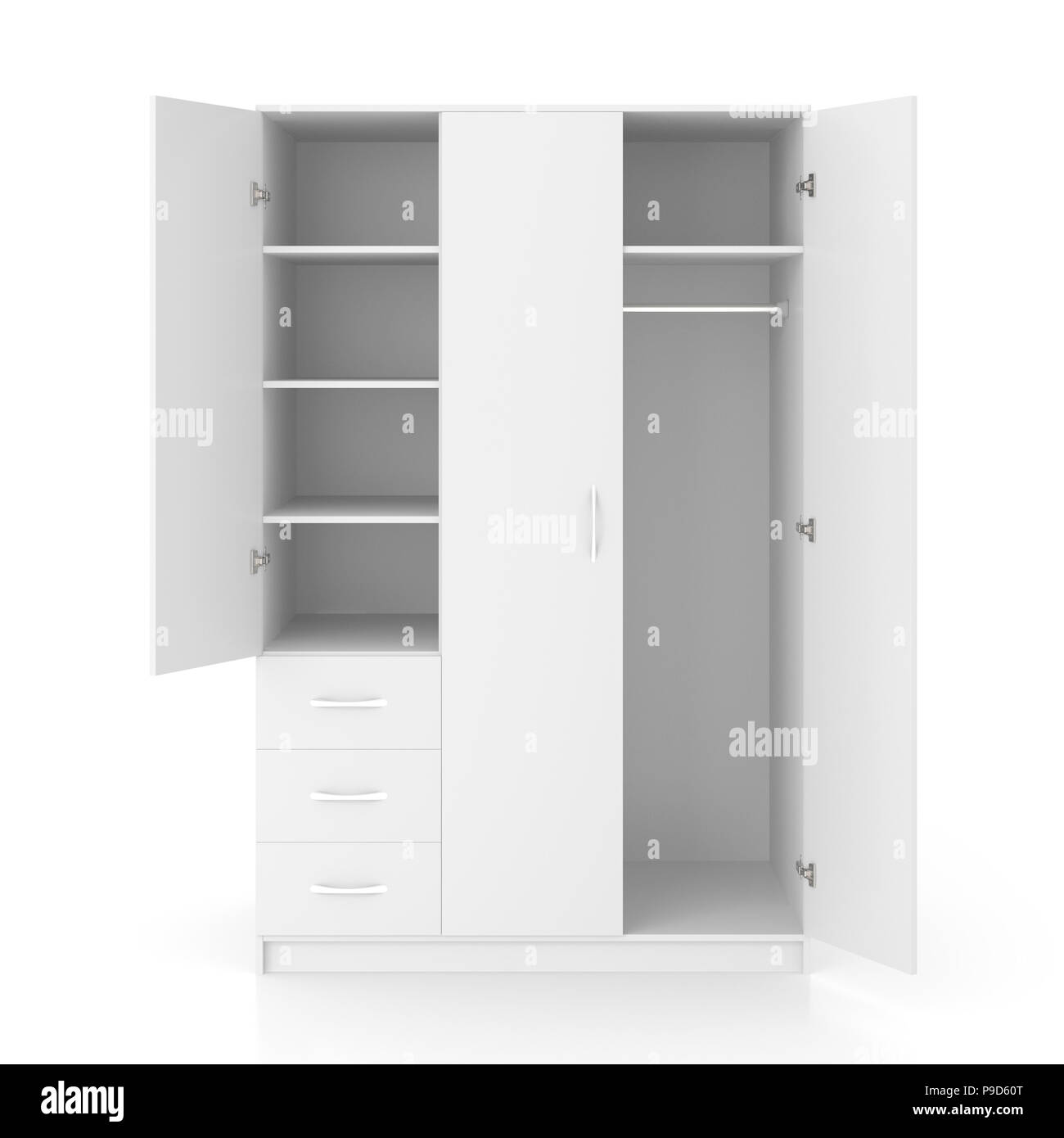 Empty white wardrobe with open doors isolated on white background ...