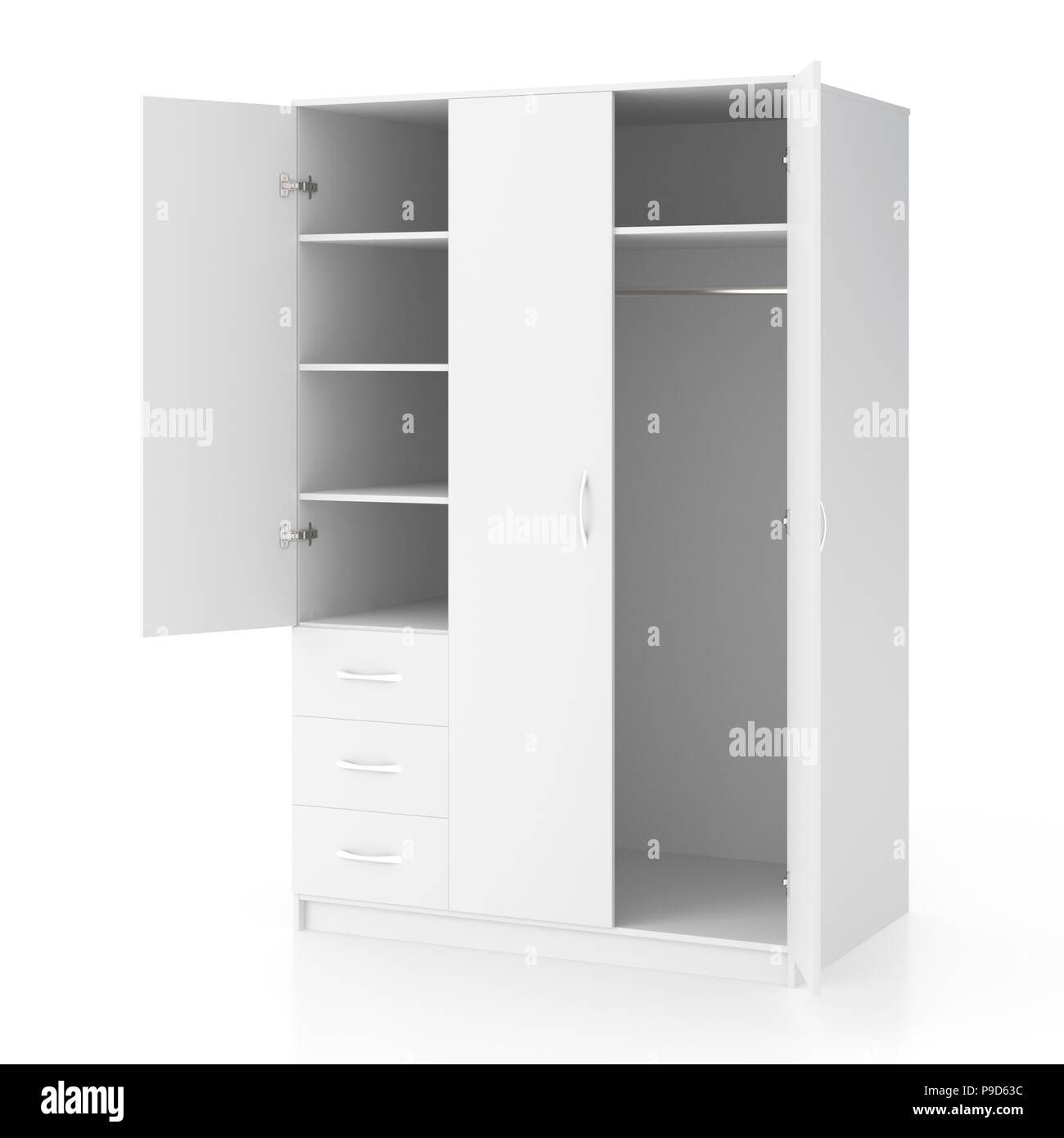 Empty white wardrobe with open doors isolated on white background ...