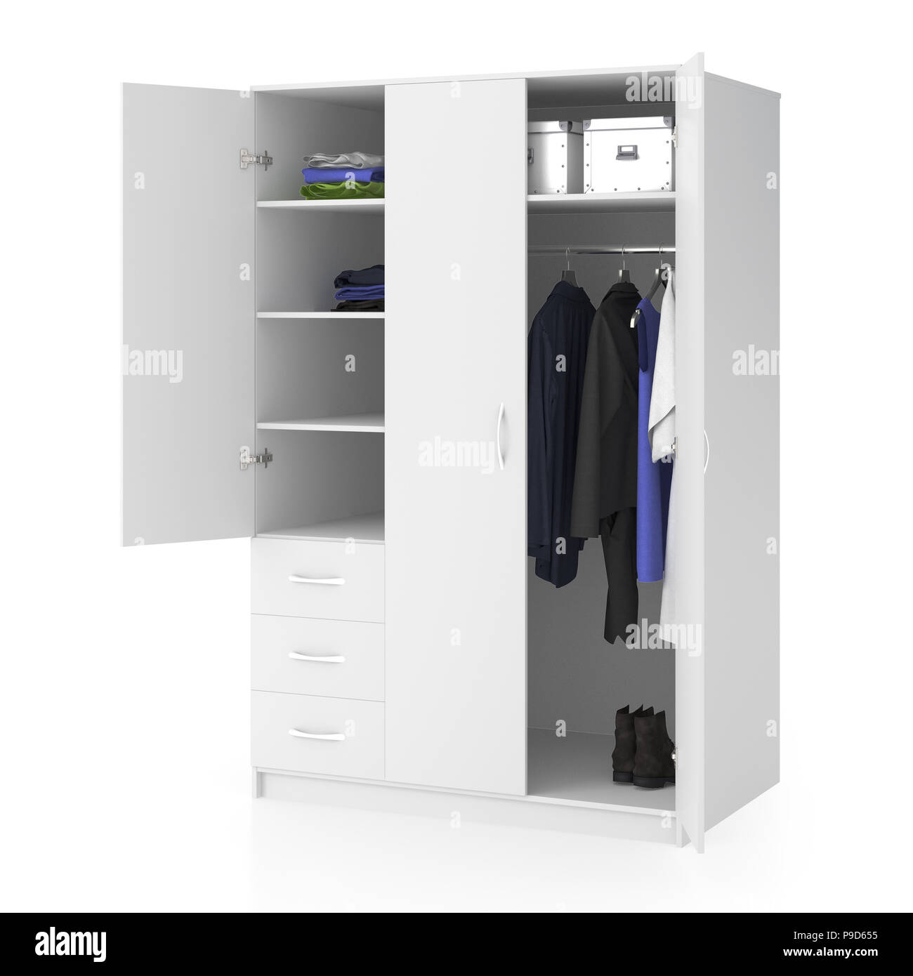 White wardrobe with open doors isolated on white background. Include ...