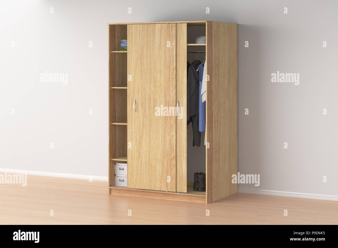 Wooden wardrobe with sliding doors in interior. 3d render Stock Photo ...
