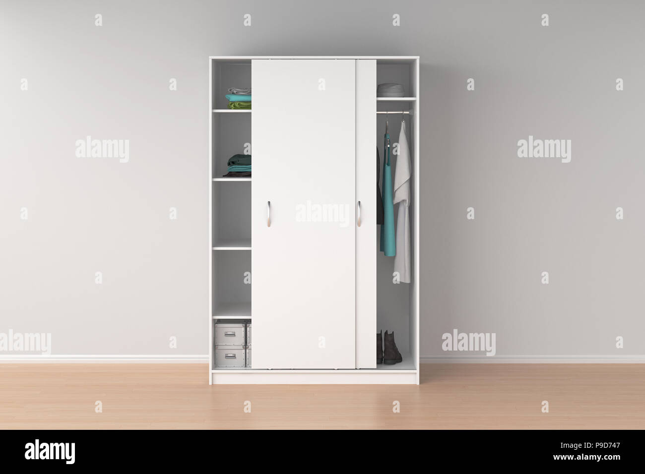 Empty white wardrobe with sliding doors in interior. 3d render Stock ...