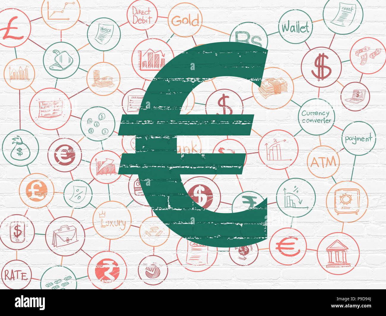 Money concept: Painted green Euro icon on White Brick wall background ...