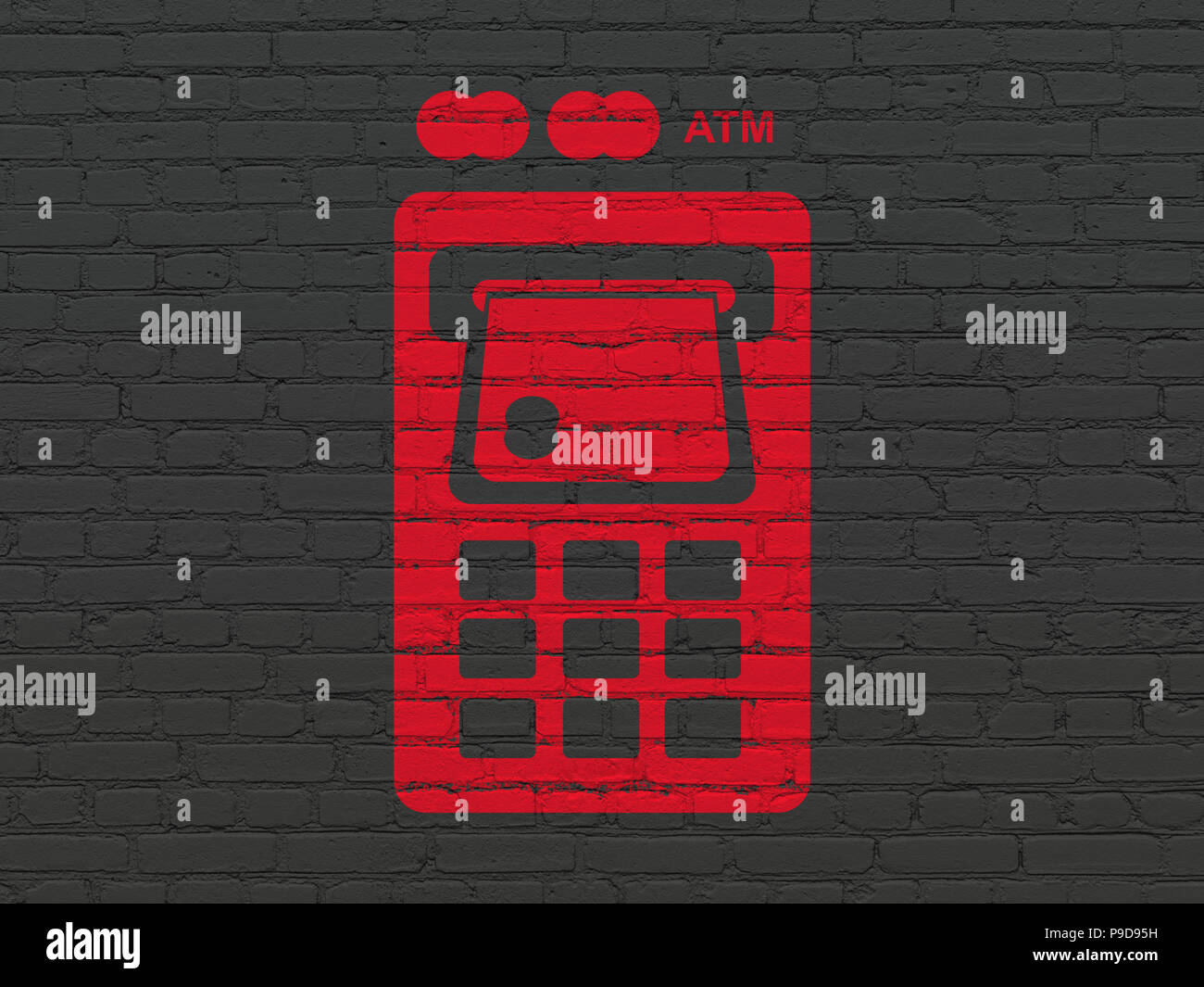 Money concept: Painted red ATM Machine icon on Black Brick wall ...