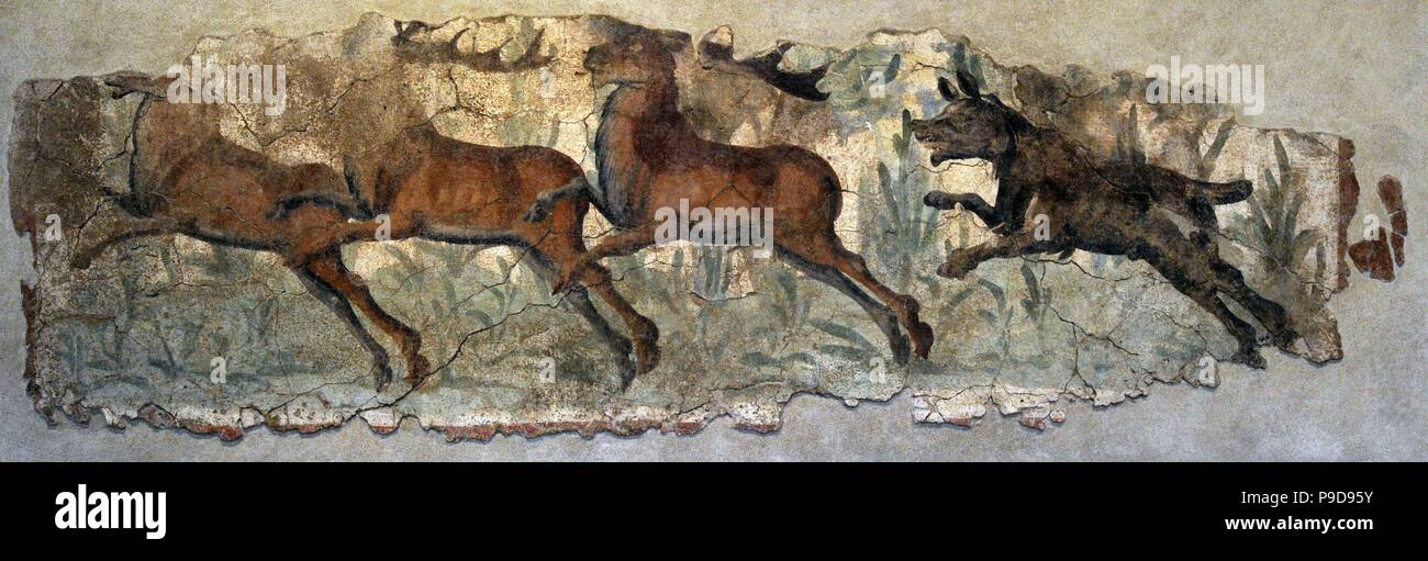 Roman era. Mural painting. Hunting scene. Dog chasing three deer. 2nd ...