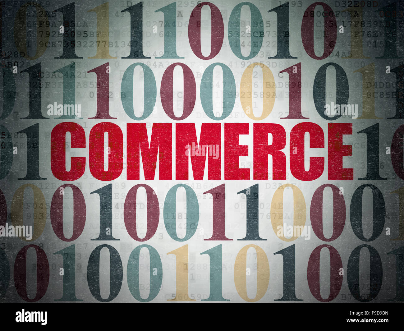 Finance concept: Painted red text Commerce on Digital Data Paper background with Binary Code ...