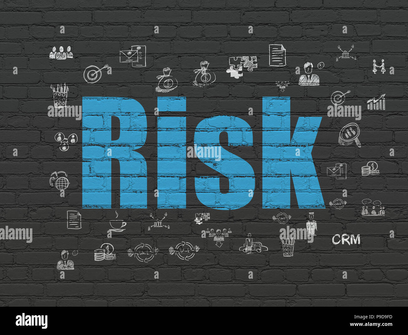 Business concept: Painted blue text Risk on Black Brick wall background ...