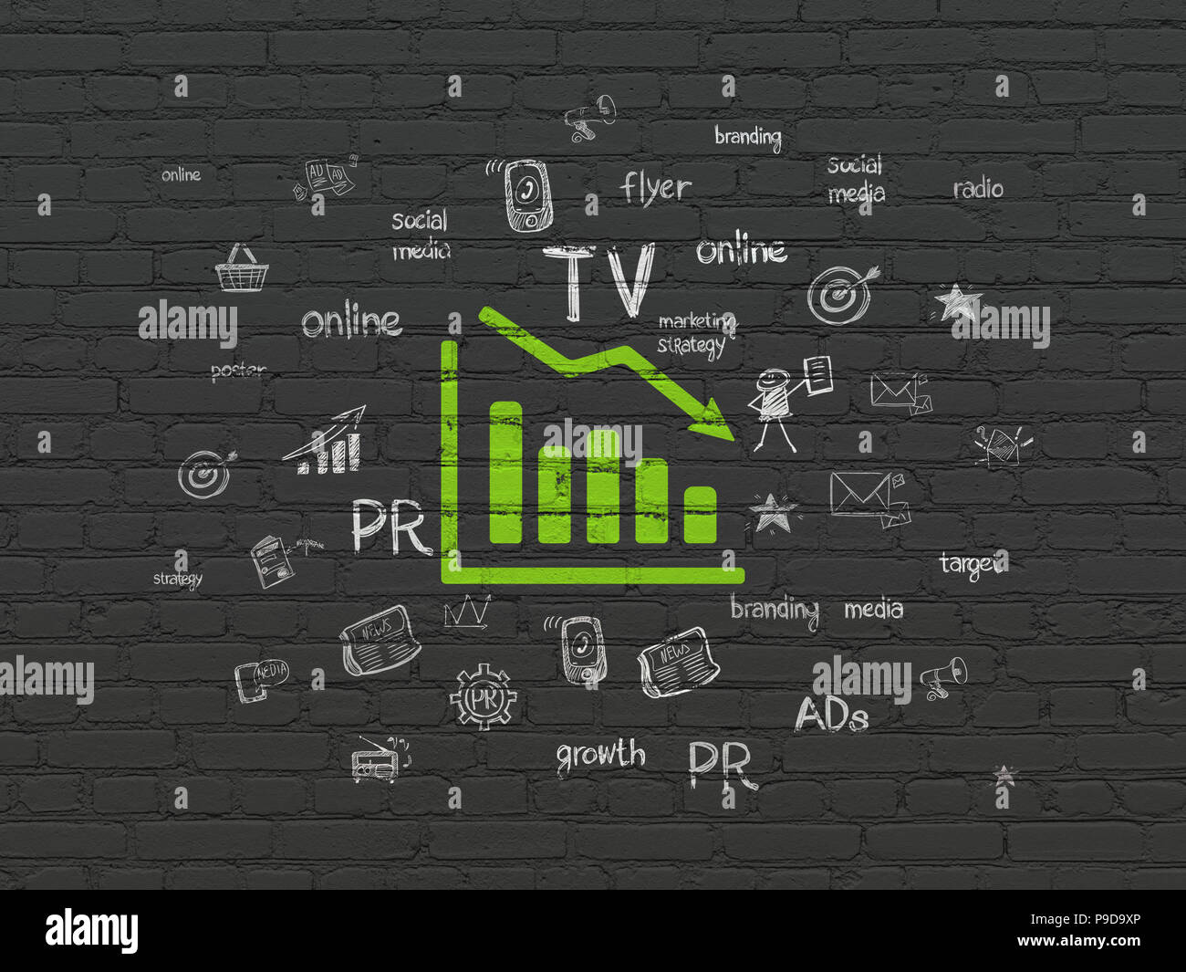 Advertising concept: Painted green Decline Graph icon on Black Brick ...