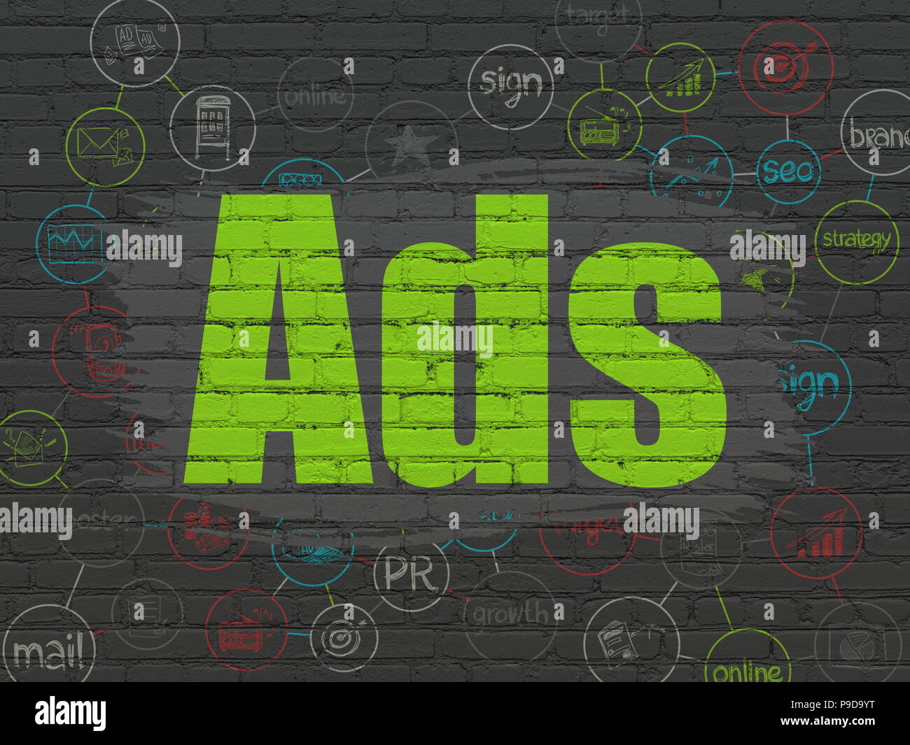 Marketing concept: Painted green text Ads on Black Brick wall background with Scheme Of Hand ...