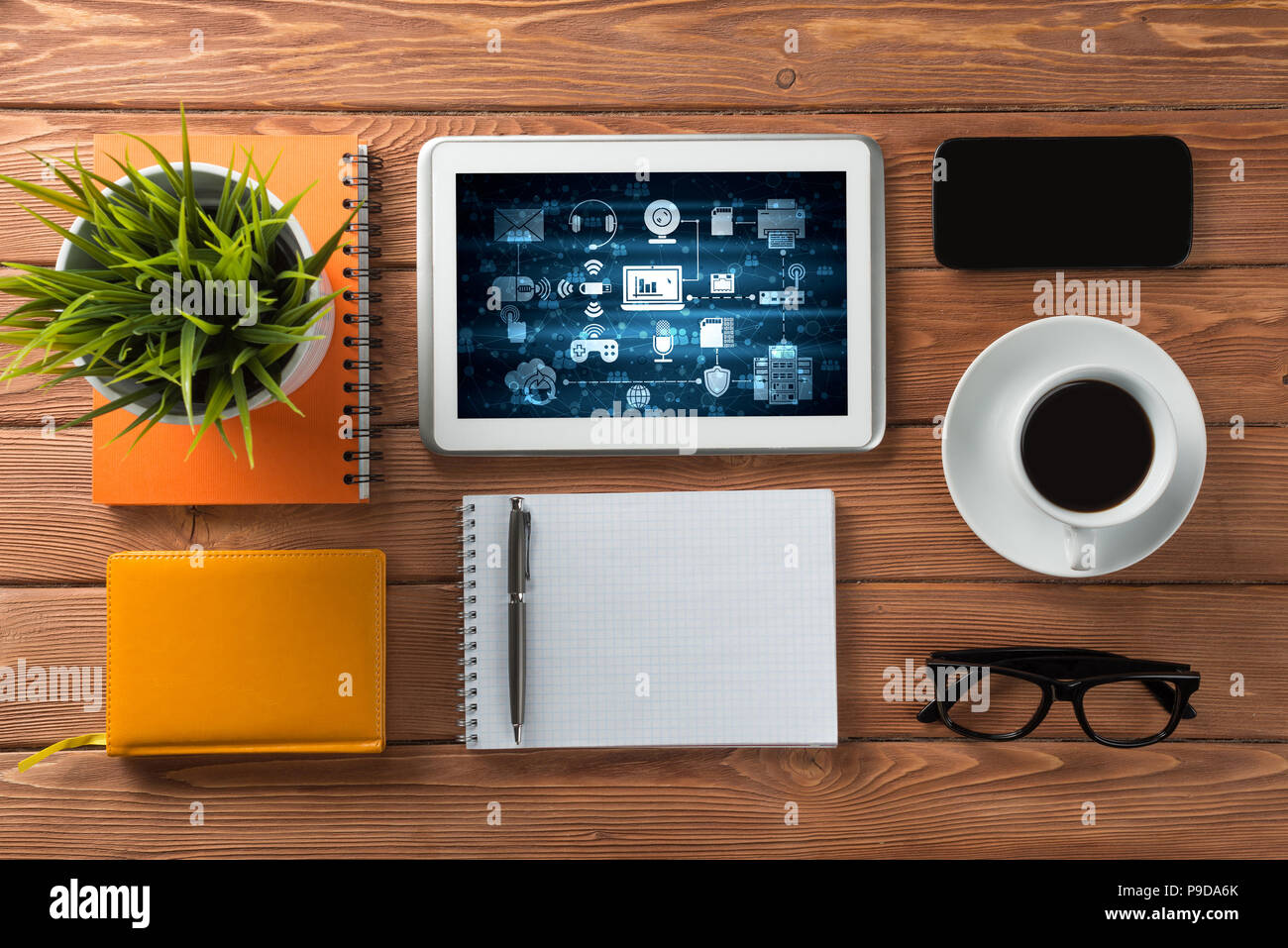 Business still life concept with office stuff on wooden table Stock ...