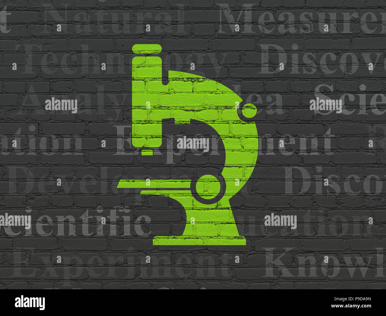 Science concept: Painted green Microscope icon on Black Brick wall ...