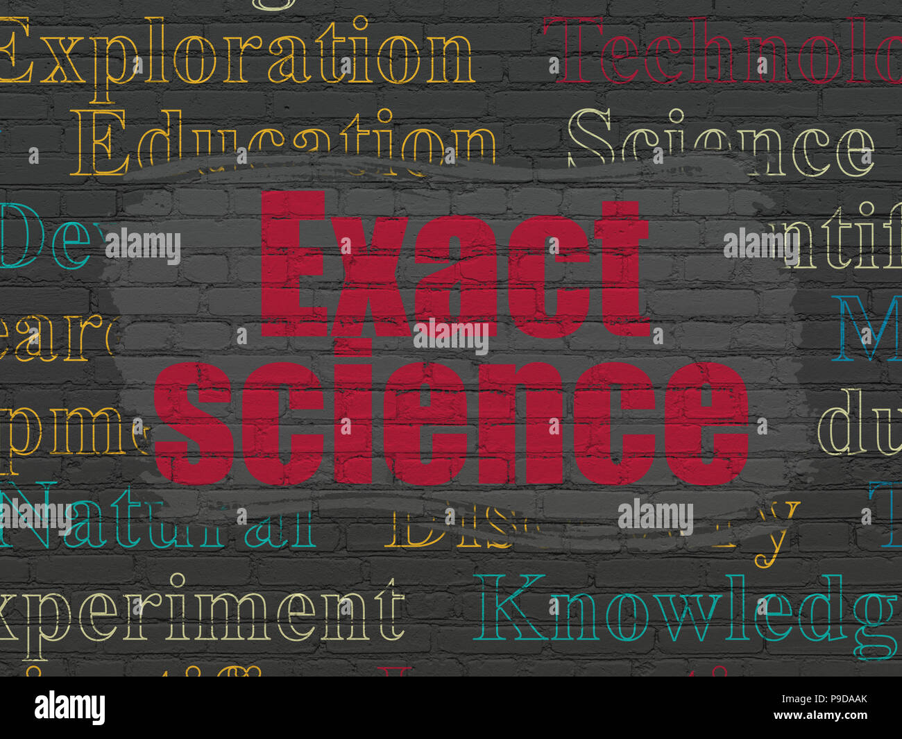 Science concept: Painted red text Exact Science on Black Brick wall ...