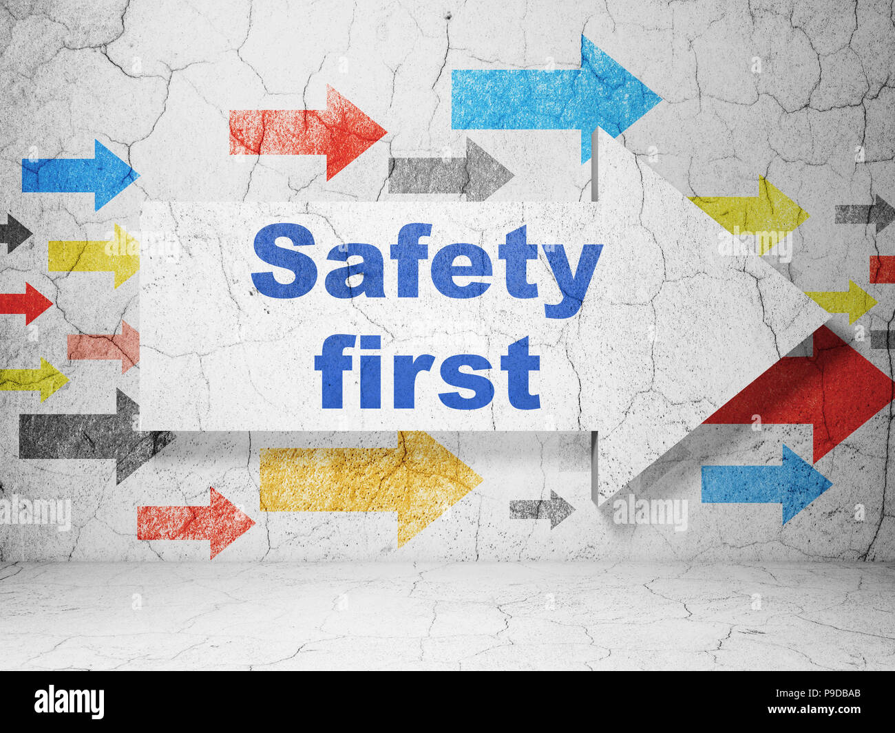 Protection concept: arrow with Safety First on grunge textured concrete ...