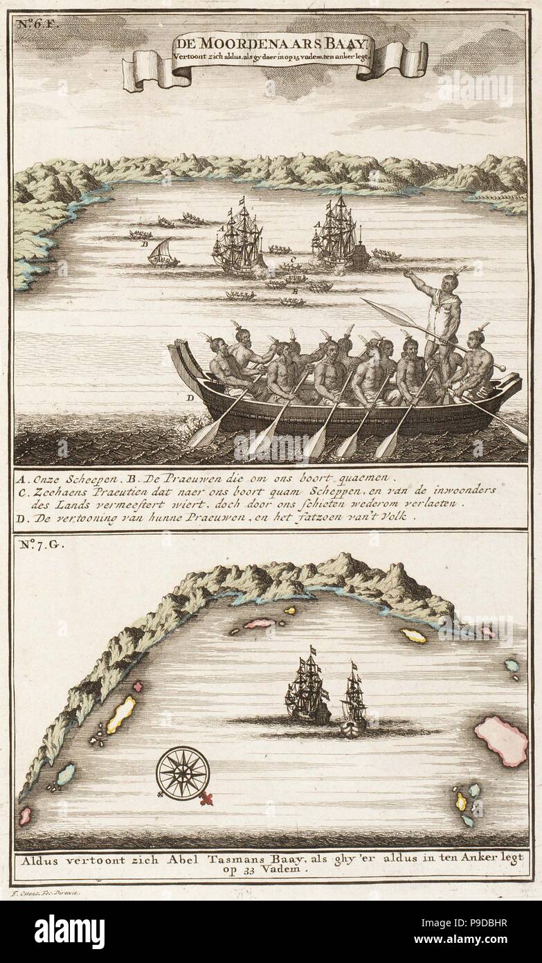 View of the bay with Maori on the coast of New Zealand. The voyage of ...
