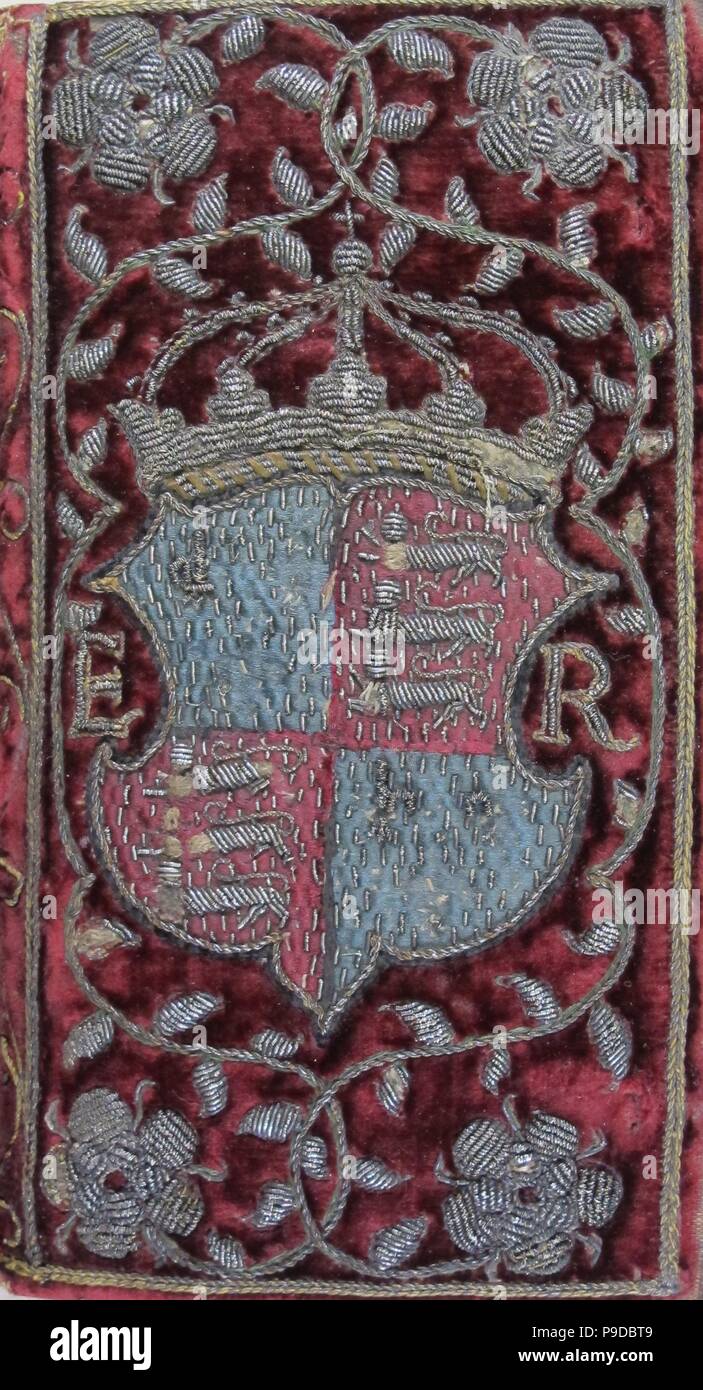 Embroidered velvet binding on John Udall's Sermons with the arms of ...